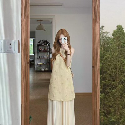 黄一粒 NORA STUDIO重工蝴蝶结钉珠小香风假两件连衣裙女夏无袖裙