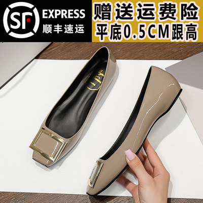 RV方扣漆皮平底鞋女真皮夏季