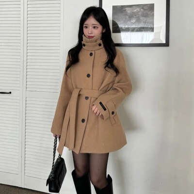 chic 韩国冬季法式气质高领保暖单排扣系带收腰宽松毛呢外套大衣
