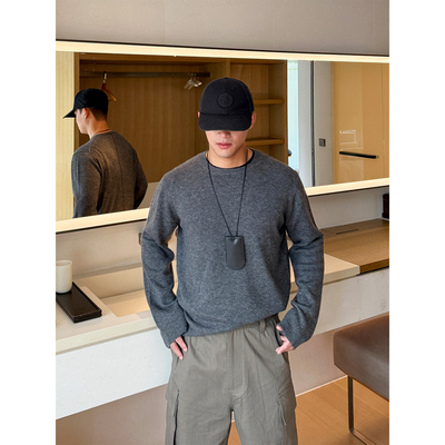 極简ROW风羊绒羊毛混纺针织衫圆领灰色毛衣男女情侣款