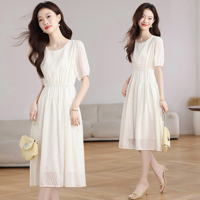 实拍 小个子雪纺连衣裙女夏季新款优雅圆领修身气质显瘦a字裙子女