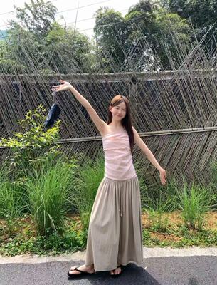 亚麻棉抽绳半身裙裤女褶皱垂感A字大摆宽松显瘦度假风阔腿裤P8278