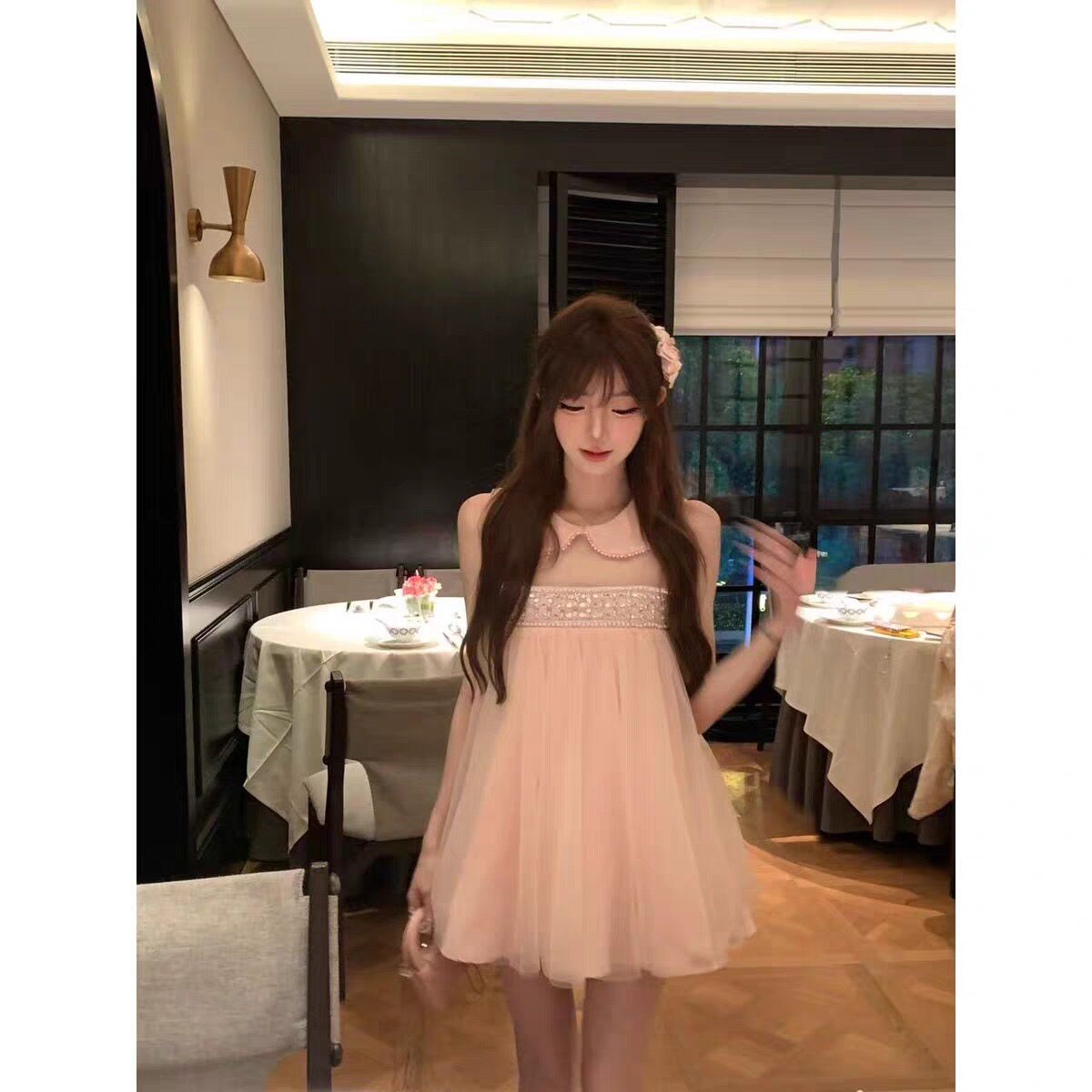 清仓无腰带 桃粉名怜 浅粉珠子织带千金少女公主娃娃领A摆连衣裙
