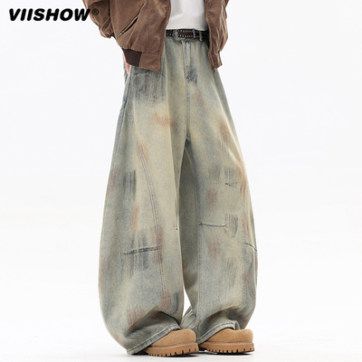 VIISHOW美式复古脏染弯刀裤牛仔裤男秋季工装高腰宽松阔腿镰刀裤