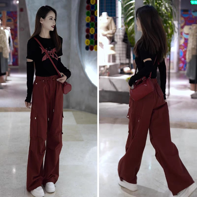 安可拉红休闲工装裤套装女春秋季T恤裤子爵士舞炸街酷飒风两件套