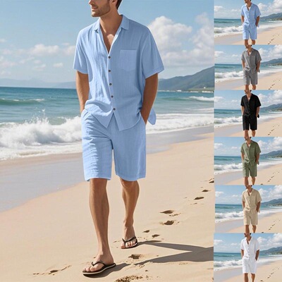 Summer men solidcolor casual shortsleeve shirt beach set套装