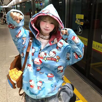 美式潮牌kitty猫满印双帽开衫