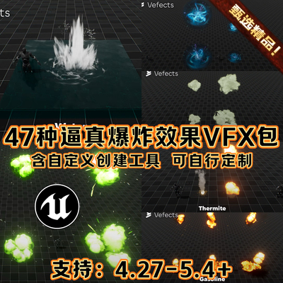 UE5.4虚幻5 逼真VFX爆炸炮弹闪电毒气烟雾炮弹燃烧水中爆炸特效包