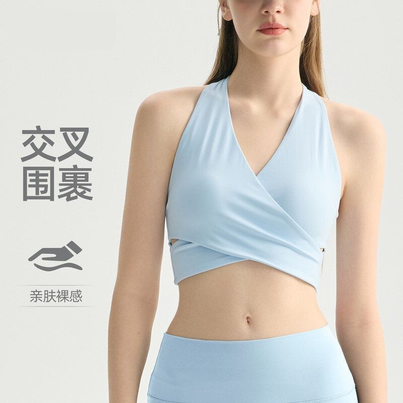 交叉V领挂脖瑜伽内衣女带胸垫裸感运动文胸外穿三吊带美背健身bra