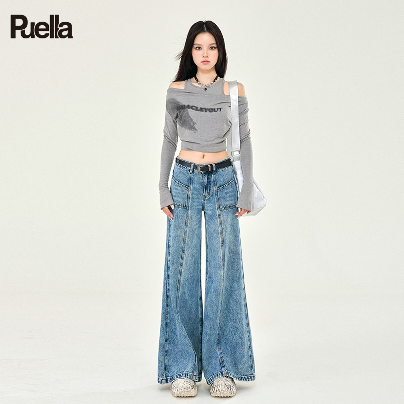 拉夏贝尔Puella韩版中低腰分割线条设计宽松阔腿喇叭牛仔裤子ins