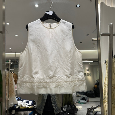欧洲站春款圆领蕾丝刺绣无袖马甲