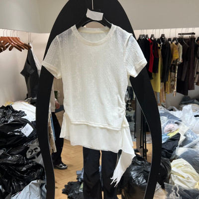 欧洲站春款假两件收腰短袖T恤