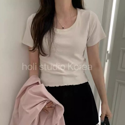 韩国代购东大门代购 pretty young thing 秋季新款木耳边短袖T恤