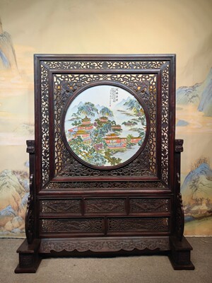 老件木框透雕镶手绘粉彩楼台亭阁连年有余双面落地大屏风台屏摆件