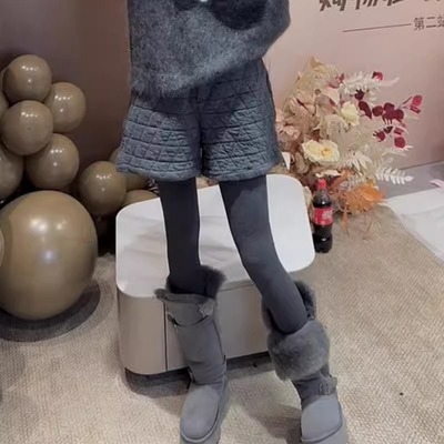欧货秋冬新款高级灰压格棉短裤女宽松遮肉显瘦阔腿裤时尚百搭靴裤