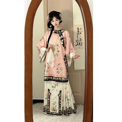 花鸟间原创清汉女汉服复原斜襟圆领国风民族印花马面春秋款格格服