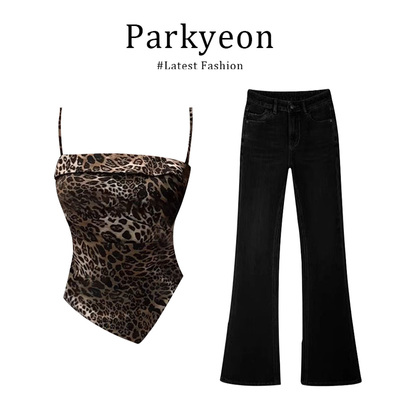 parkyeon纯欲性感辣妹不规则豹纹抹胸吊带高腰显瘦微喇长裤两件套
