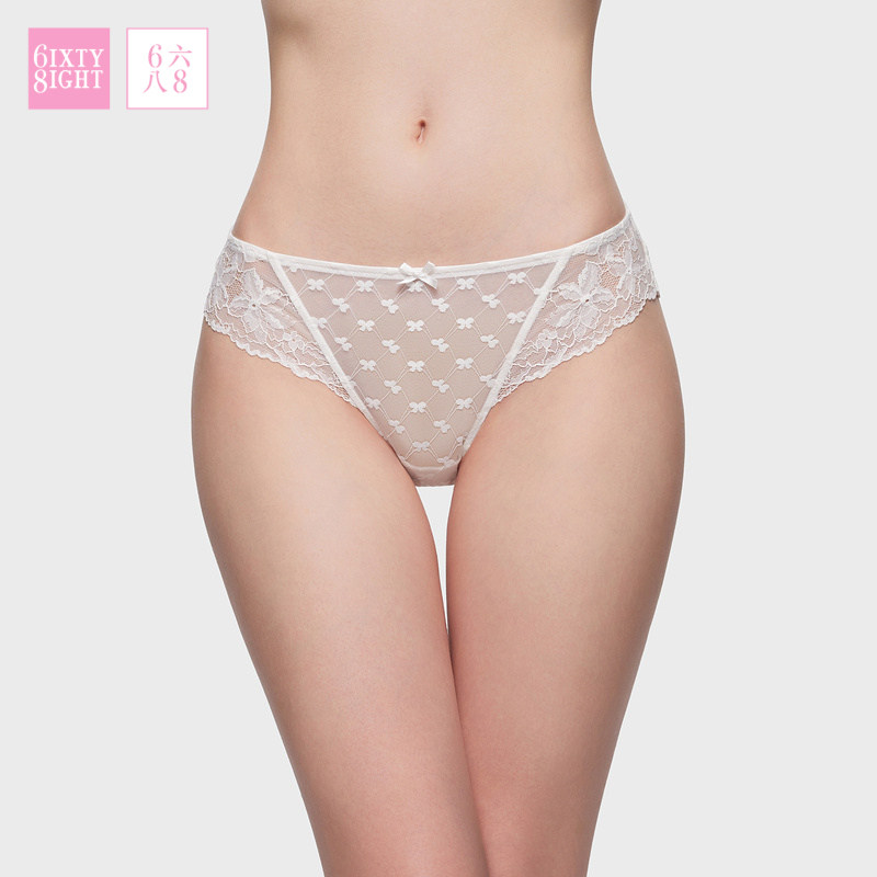 6IXTY8IGHT 68低腰纯棉裆性感纯欲印花网纱蕾丝内裤女薄款比基尼_虎窝淘