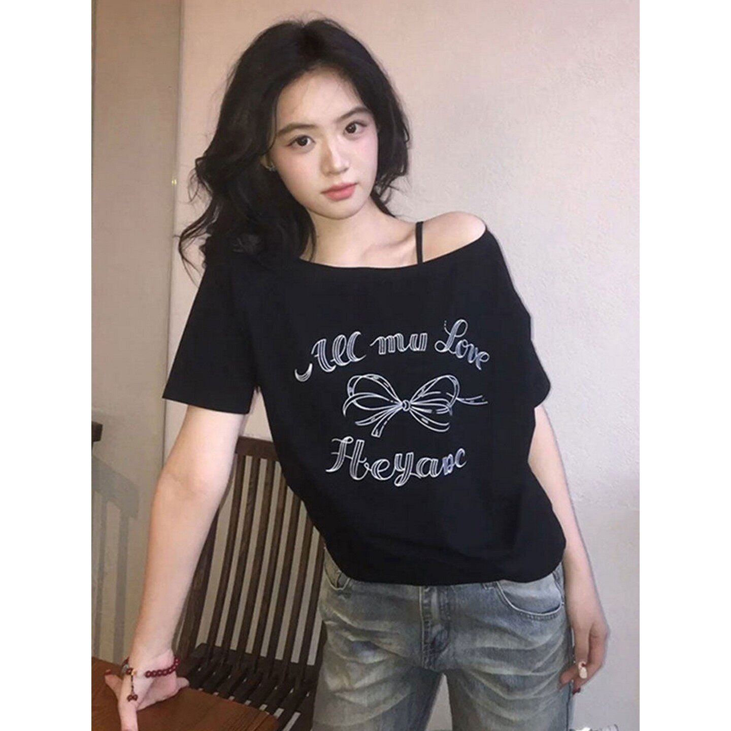 大码胖MM美式黑色斜肩短袖t恤女春夏新款蝴蝶结印花宽松显瘦上衣
