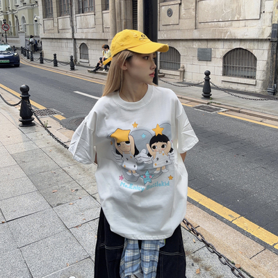 BCRA美式复古卡通天使女孩印花短袖T恤男女夏季宽松休闲情侣上衣T