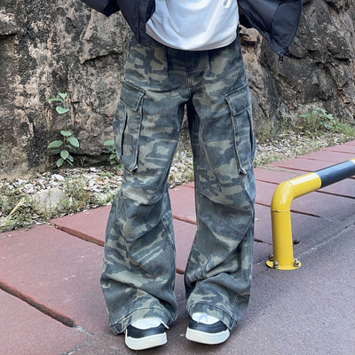 BCRA美式街头大口袋廓形迷彩褶皱工装裤男女宽松直筒阔腿休闲长裤