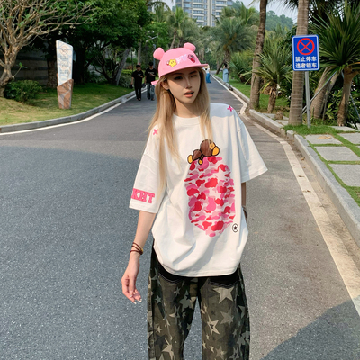BCRA美式复古猴子迷彩印花短袖T恤男女夏季宽松休闲情侣上衣潮牌T