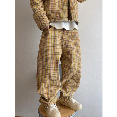 dannyandzee春季复古水洗饼干色卡其色格子帆布弯刀裤男工装裤INS