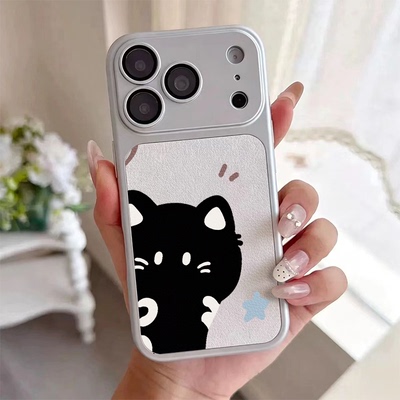 探头黑猫咪适用于iPhone18promax/苹果17pro手机壳华为mete80—加13羊皮vivoS30自带镜头膜红米K80小米17OPPO