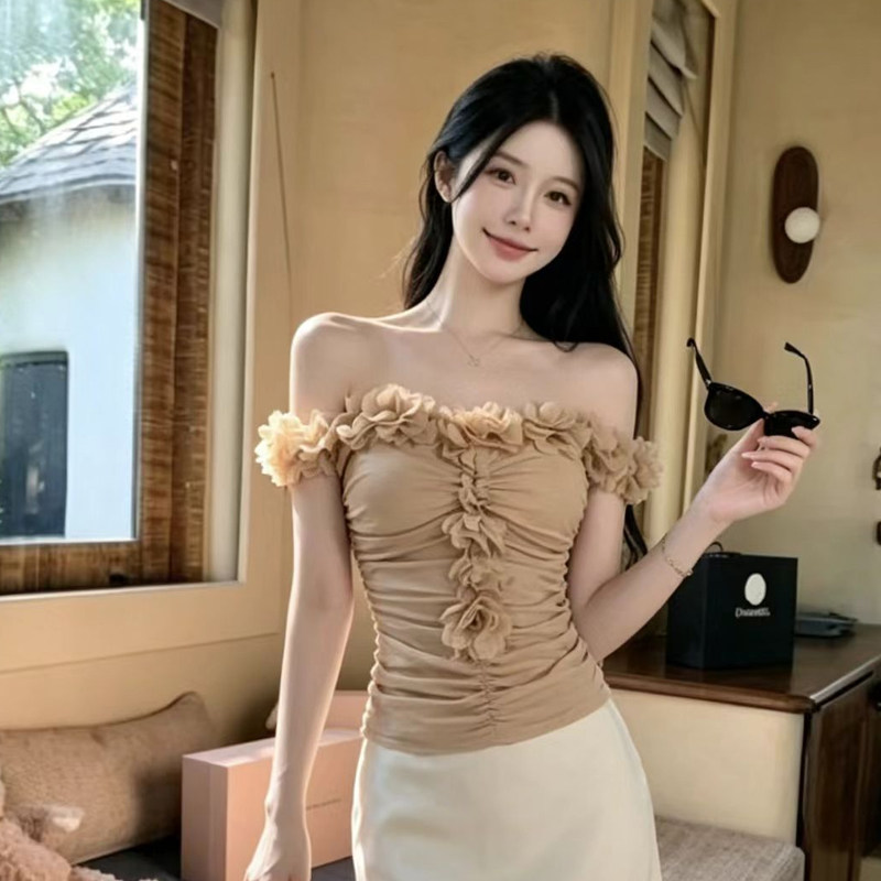实拍实价 纯欲性感甜辣U领木耳边褶皱花朵修身显瘦吊带背心上衣女