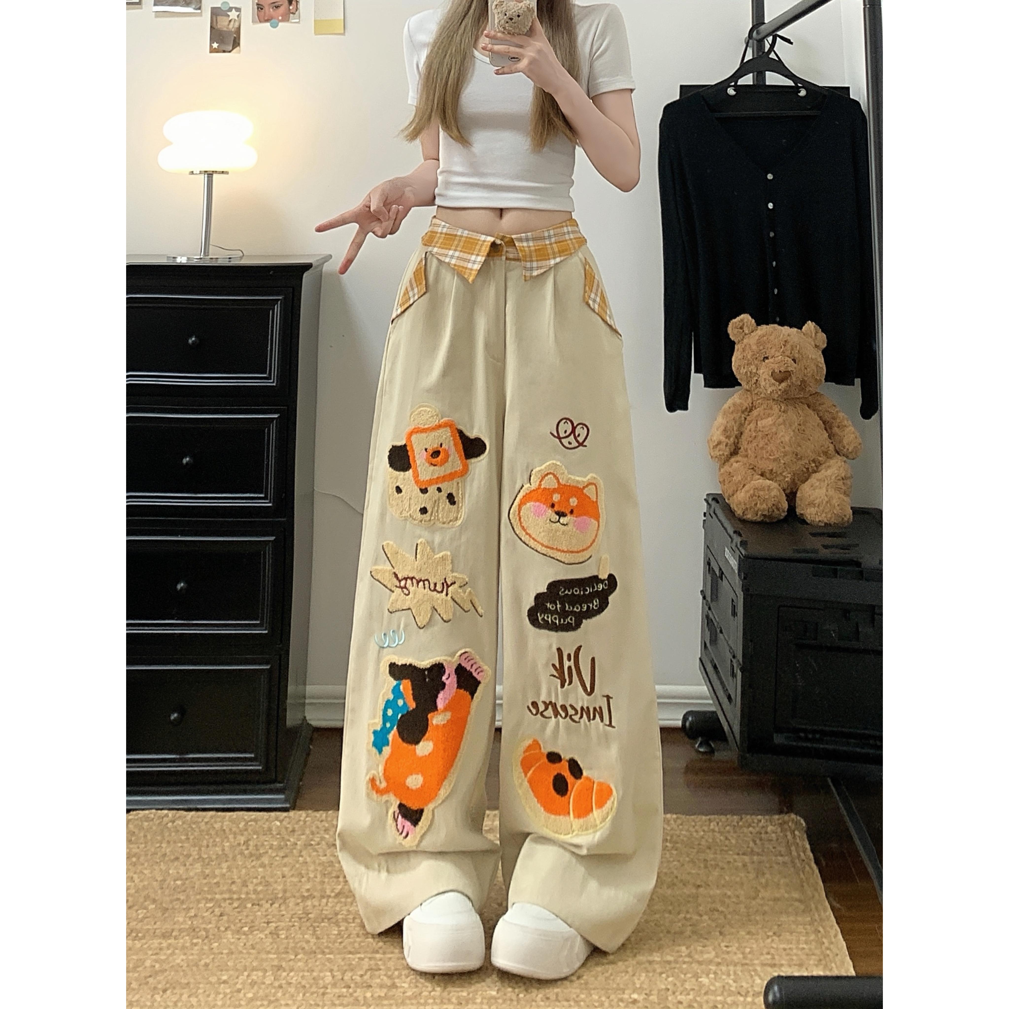 实拍美式复古卡通小狗贴布绣格纹阔脚牛仔裤女夏季新款休闲长裤子