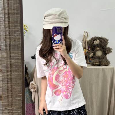 美式复古草莓印花纯棉短袖女T恤