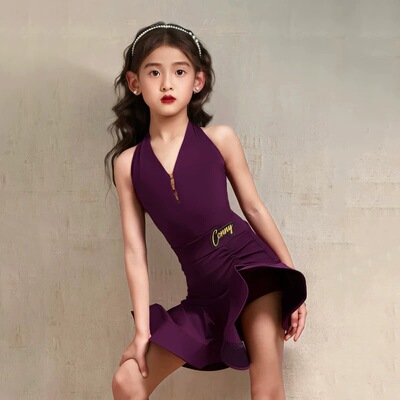 拉丁舞服挂脖气质新款女童分体舞蹈练功服小V立体感鱼骨半裙套装