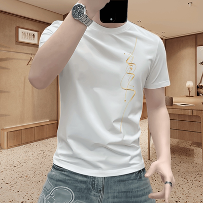 套头新中式风短袖T恤男白色印花圆领修身百搭潮牌上衣