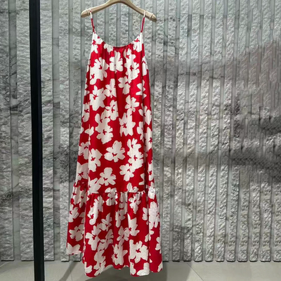 正品2026夏新品吊带裙桑蚕丝棉红底花卉露背塔裙连衣裙MBF2DRS101