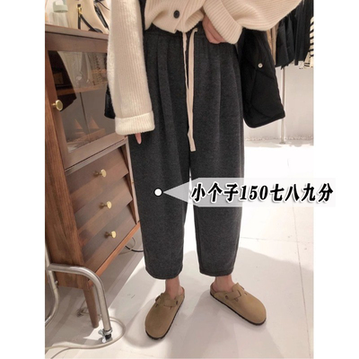 小个子145七分抽绳羊绒休闲卫裤女秋冬加绒加厚宽松八分哈伦裤xxs