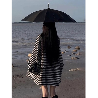 千鸟格毛呢外套女2026新款翻领中长款显瘦气质大衣小个子