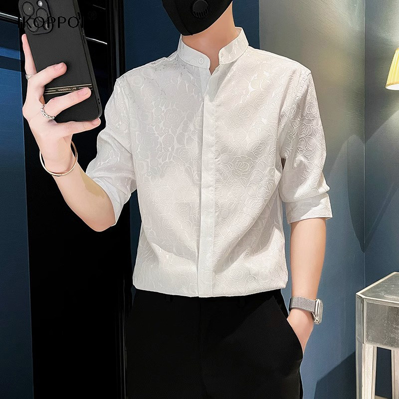 高端男士立领短袖衬衫夏季潮牌提花衬衣2026新款男装休闲中袖上衣
