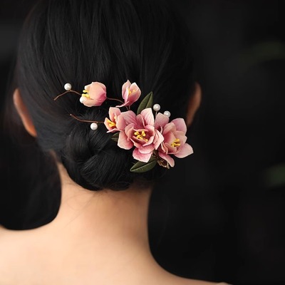 粉色山茶花仙女高级感发簪