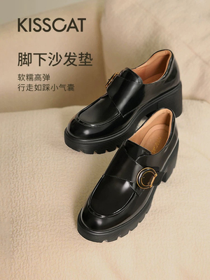 接吻猫2025春季新款英伦风孟克真皮牛皮厚底乐福鞋女鞋KA65113-50