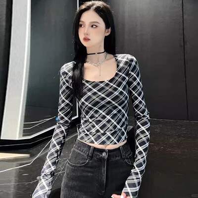 阿玛施2026秋季新款商场同款显瘦修身方领印花网纱长袖T恤女上衣