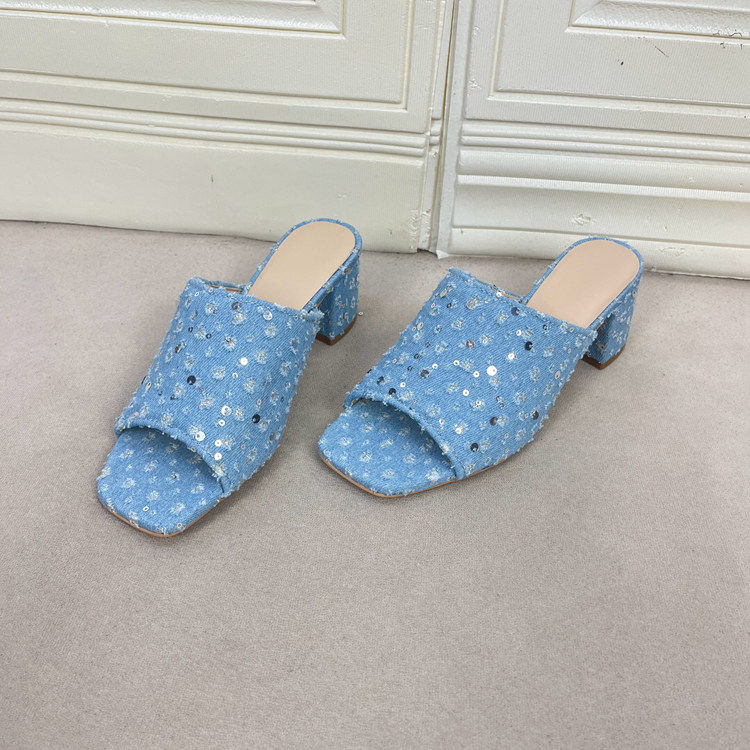 外贸原单女鞋新款时尚shoes气质方头粗高跟带亮片牛仔布凉鞋拖鞋
