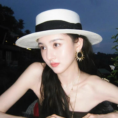 宋祖儿同款草编平顶草帽女夏季海边度假风防晒遮阳帽时尚气质礼帽