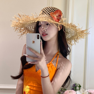原创！海边度假风拉菲草帽女春夏季大帽檐镂空防晒遮阳帽太阳帽子