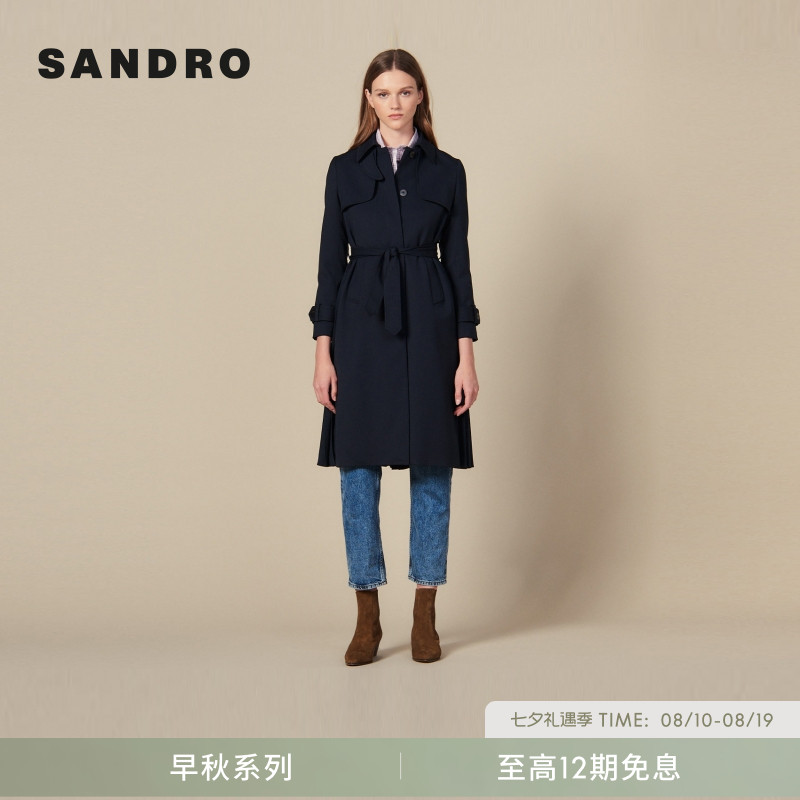 SANDRO女装法式气质英伦风深蓝色压褶长款翻领收腰系带大衣外套