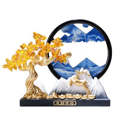 发财有路流沙画摆件办公室柜装饰品桌面解压黄水晶发财树金钱树鹿