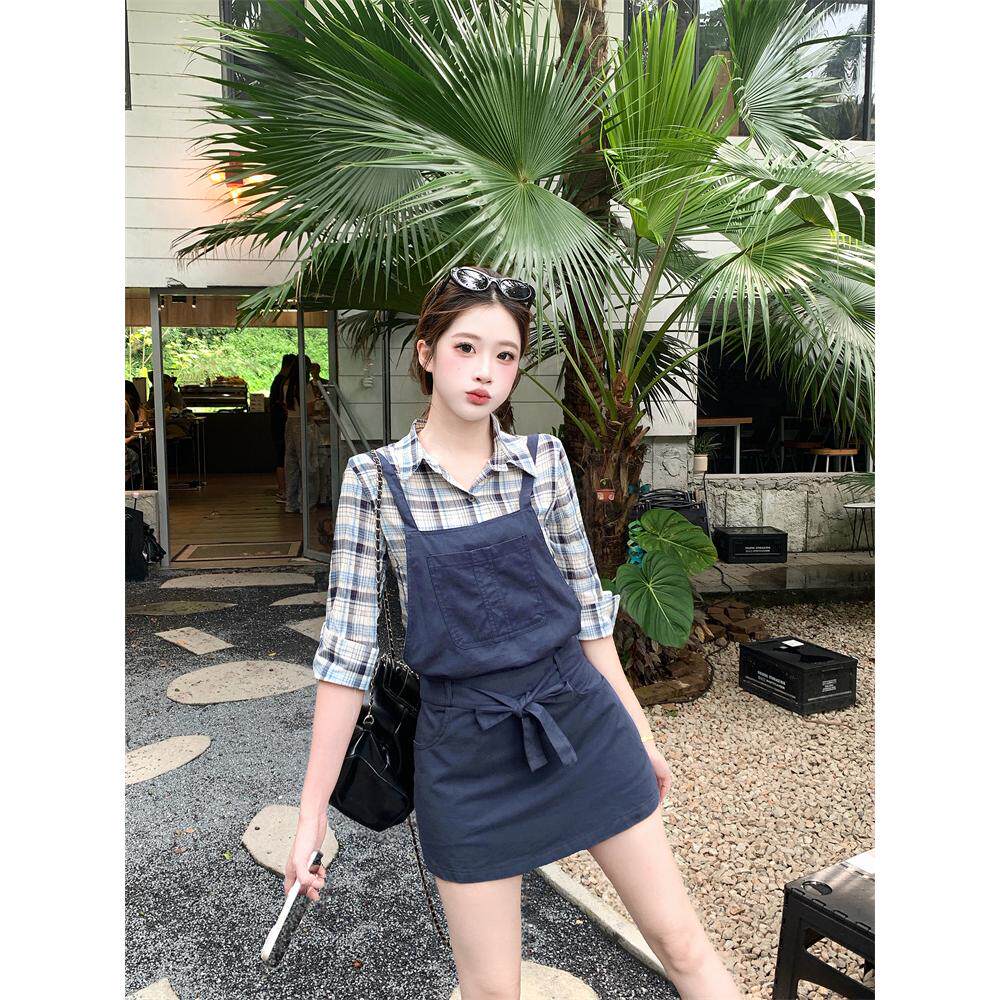 CITY LULL大码韩系格子衬衫牛仔背带裙套装女夏显瘦遮肉两件套
