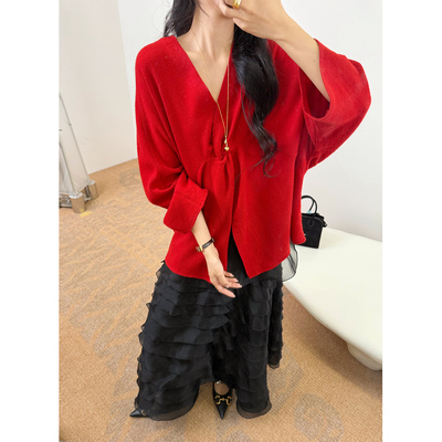 IMMUNO壹糯 法式小众V领不规则纽结人字纹长袖宽松美利奴羊毛上衣