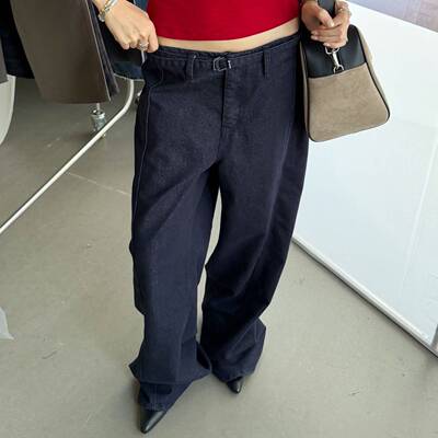 WAIT MORE秋冬韩系设计感腰带加绒牛仔裤女复古宽松阔腿裤子5826