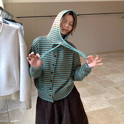 hers 一勺甜秋冬韩系条纹连帽针织衫女活力减龄学生休闲毛衣62262