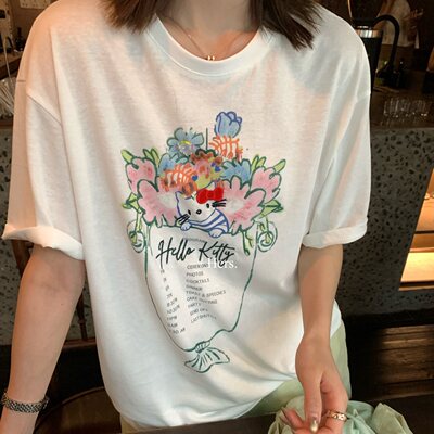 hers 一勺甜 夏季新款kitty花园短袖T恤女减龄休闲风上衣80680